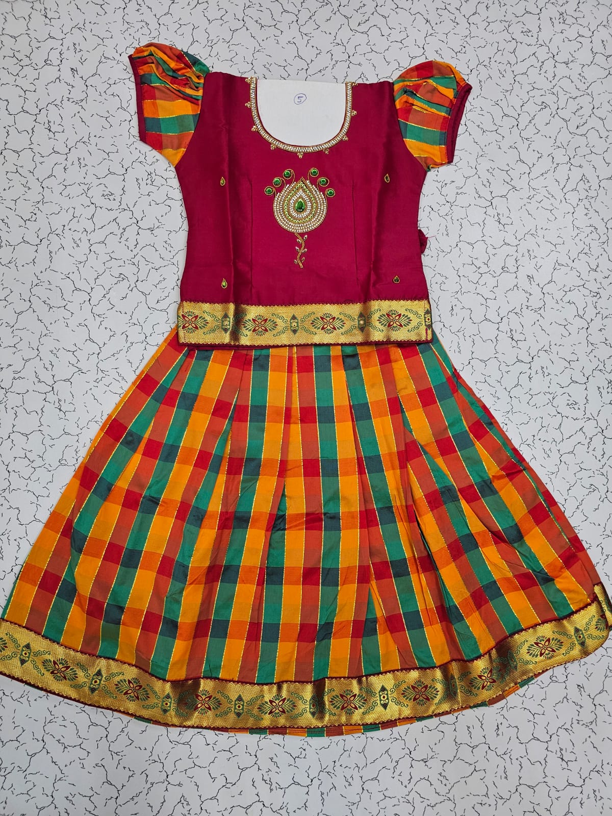 Kids Pattu Pavadai – Maroon Top with Palum Palam Checked Skirt | Sri T ...