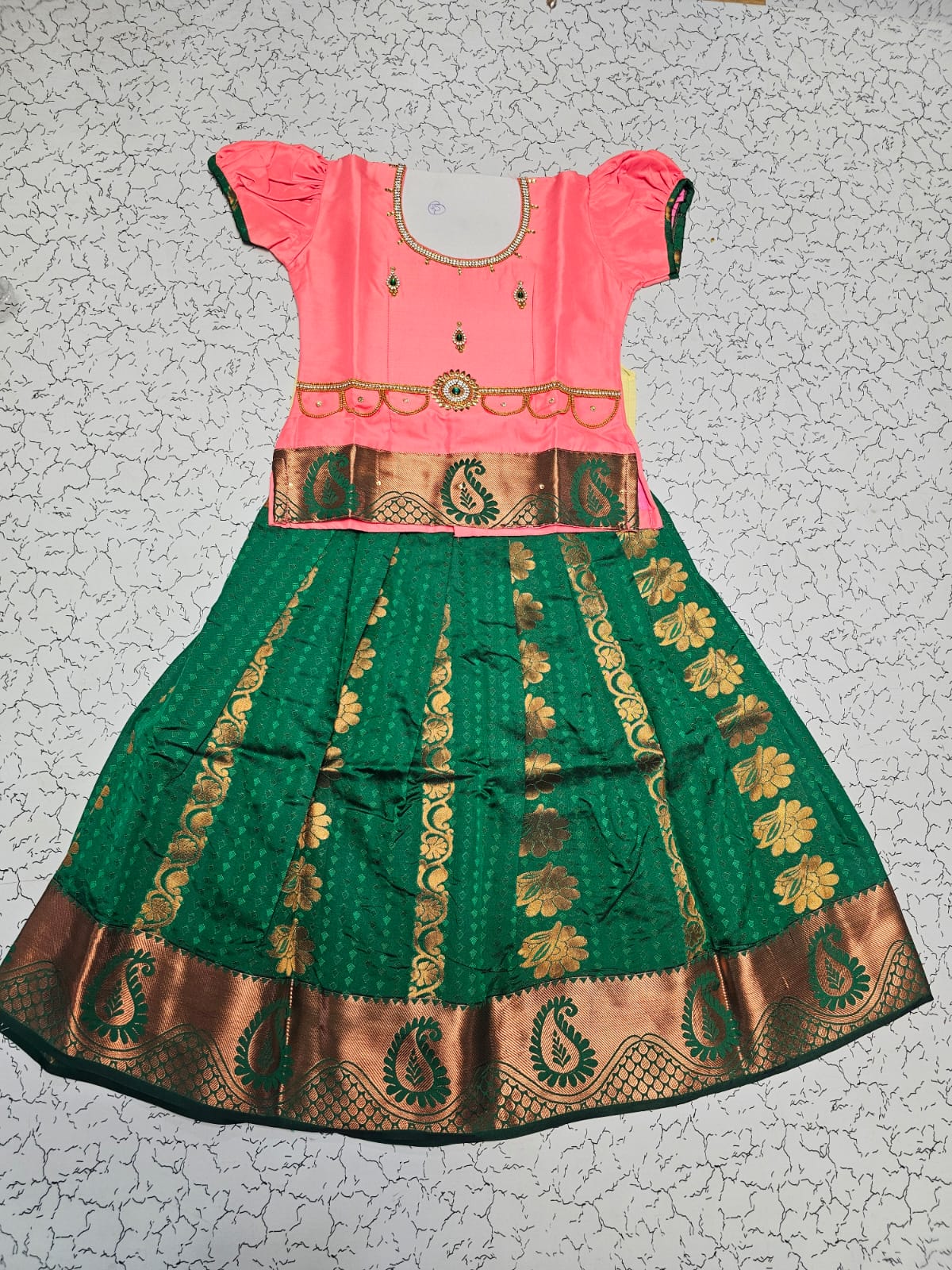 Kids Pattu Pavadai – Peach Top & Green Skirt | Traditional Silk Dress ...