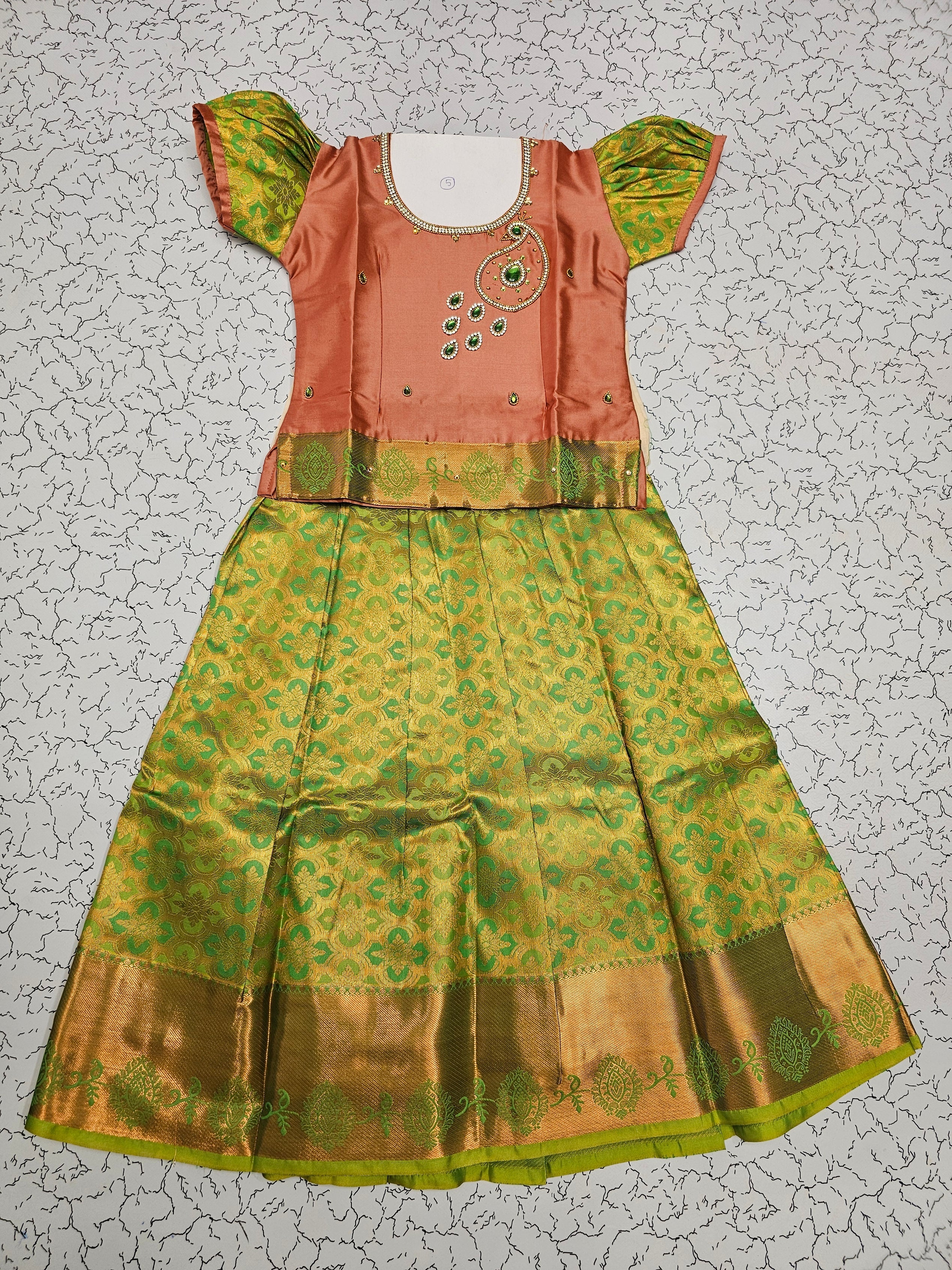 Peach and Green Silk Pattu Pavadai for Girls | Sri Thulir Tex Traditio