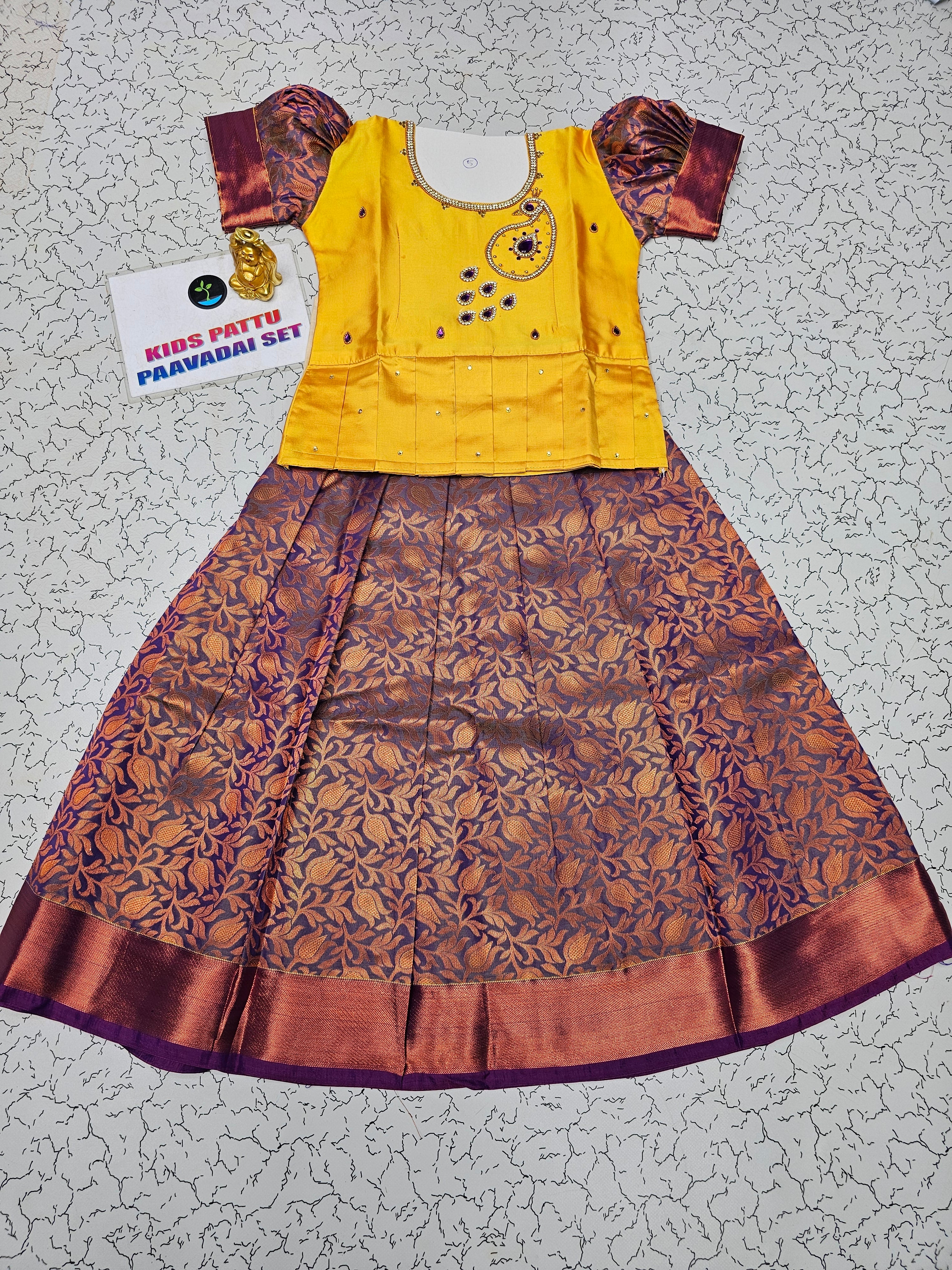 Yellow and Purple Bridal Silk Pattu Pavadai for Kids | Sri Thulir Tex
